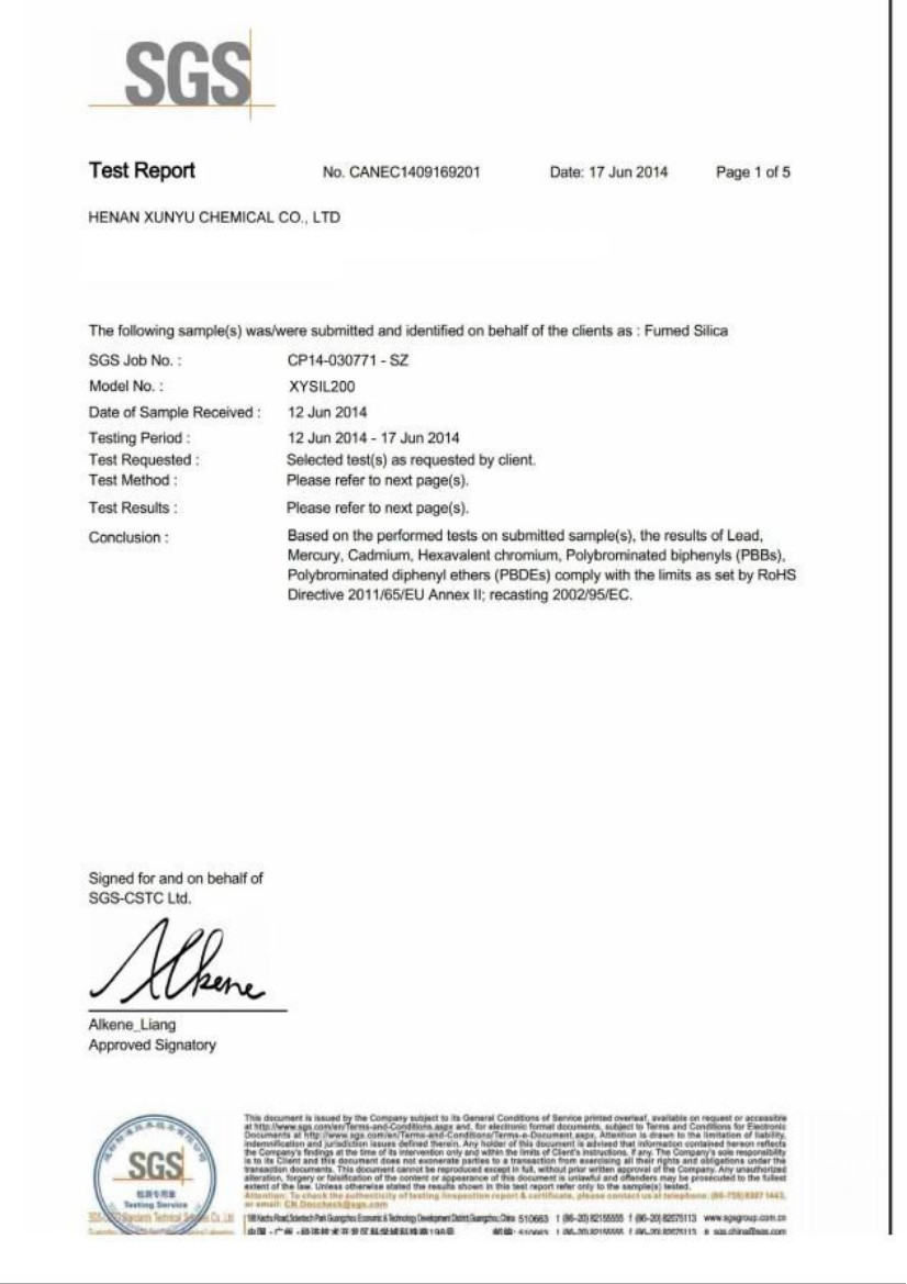 Product Certifications - XYSIL® Fumed Silica